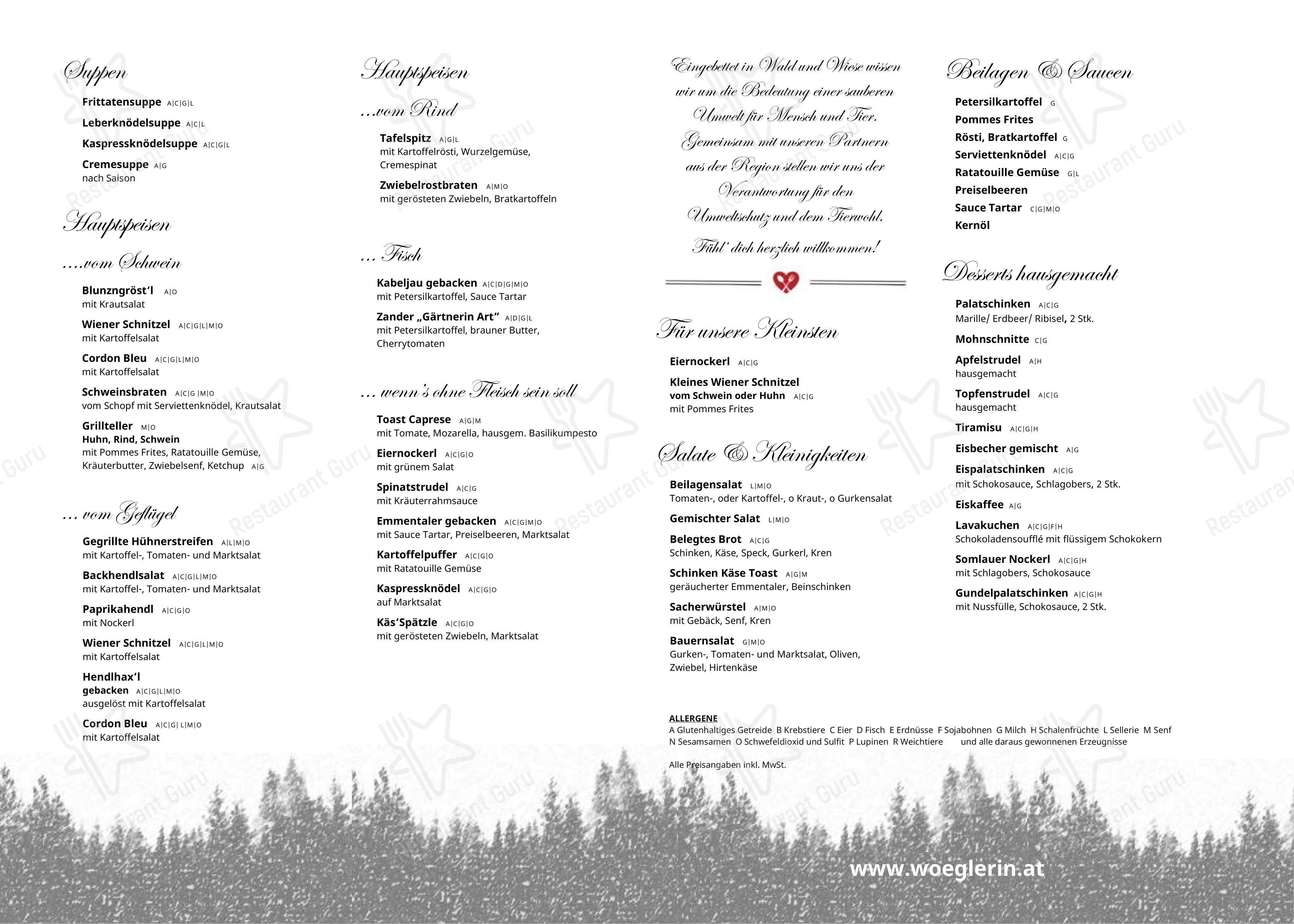 Speisekarte von Die Woeglerin restaurant, Sulz im Wienerwald