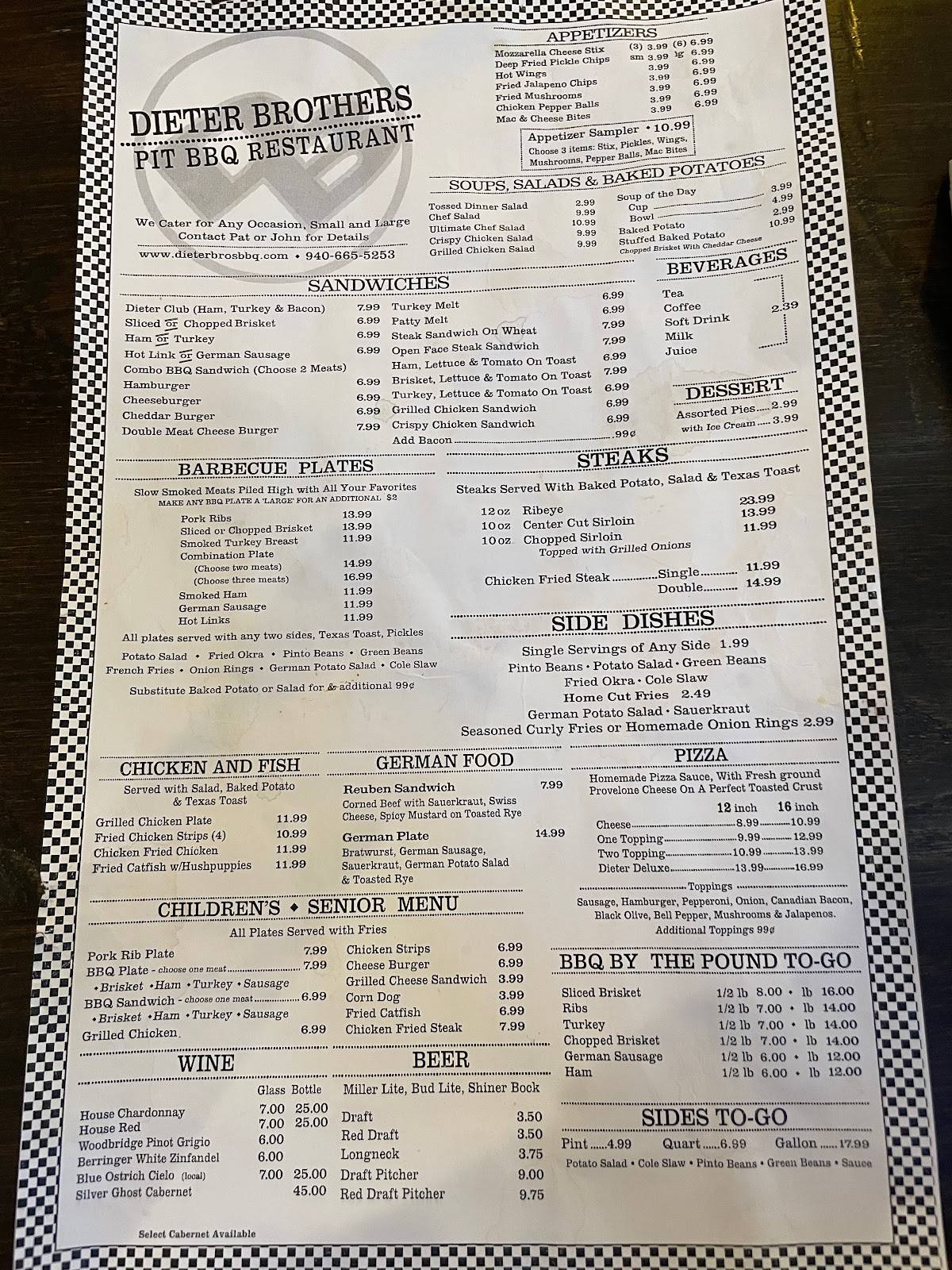 Menu at Dieter Brothers Restaurant, Lindsay, 401 US-82