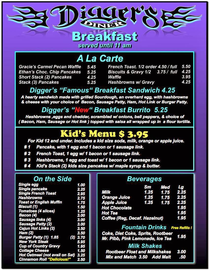 Menu at Digger's Diner Brentwood restaurant, Brentwood