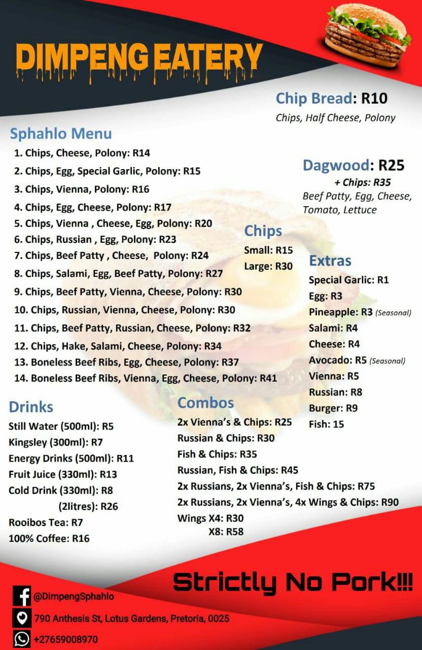 Speisekarte von Dimpeng Sphahlo Eatery restaurant, Pretoria