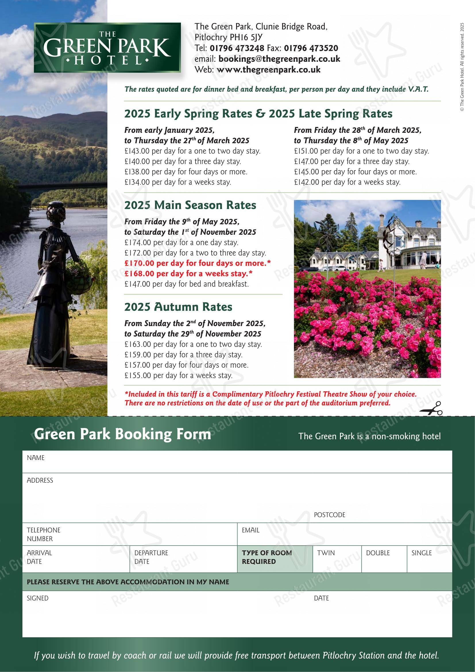 Menu at The Green Park Hotel restaurant, Pitlochry