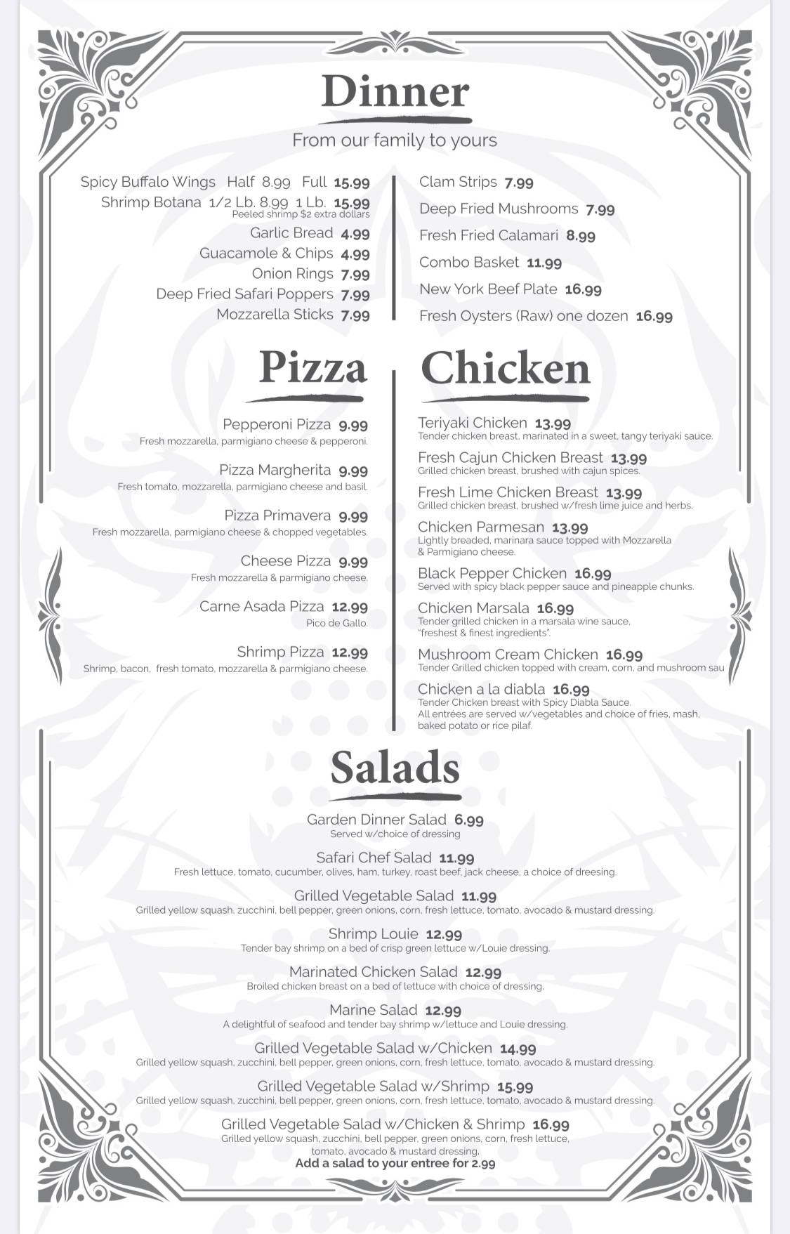 Menu at The Safari Restaurant, Dinuba