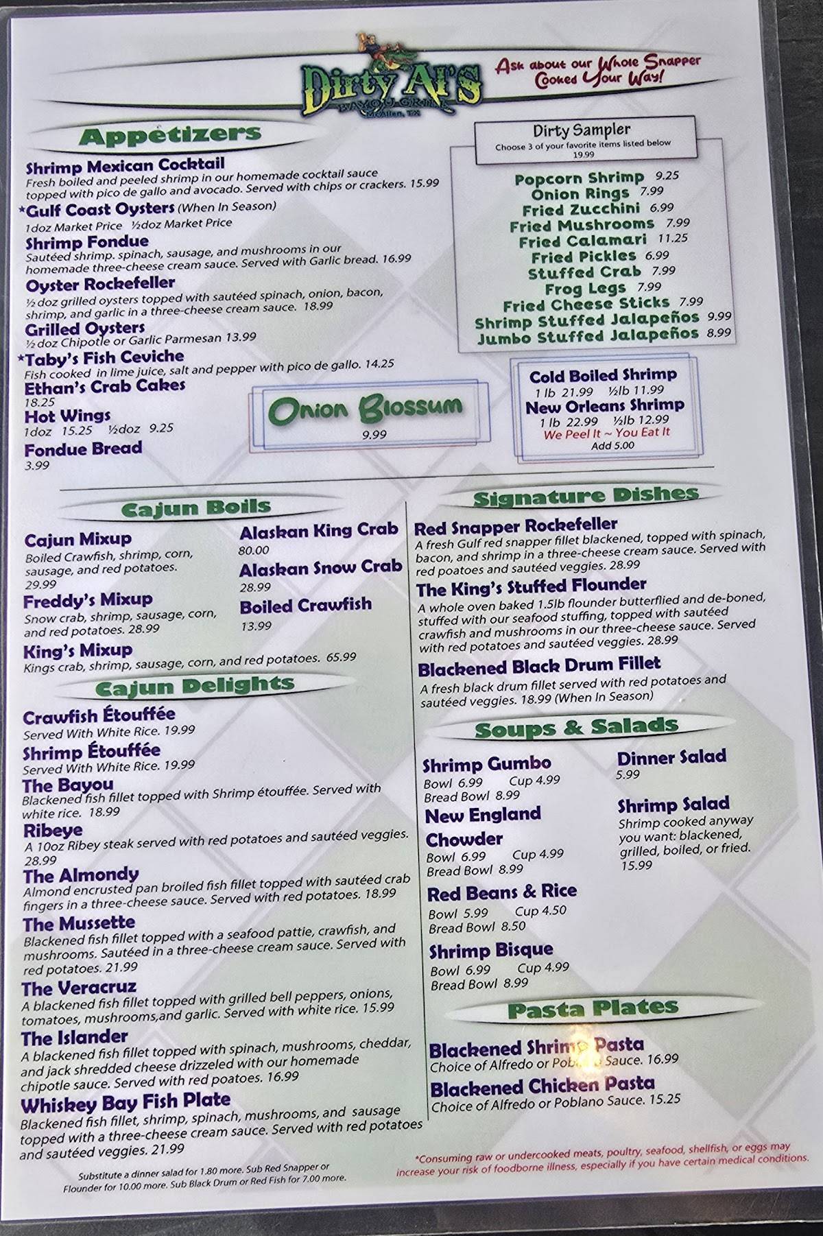 Menu at Dirty Al's Bayou Grill restaurant, McAllen, N 10th St #400