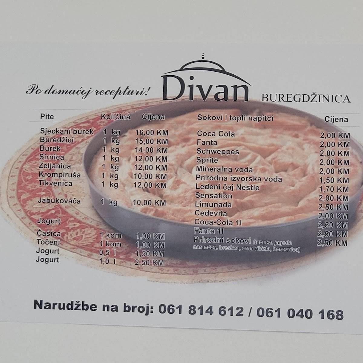 Menu at Divan buregdžinica restaurant, Sarajevo