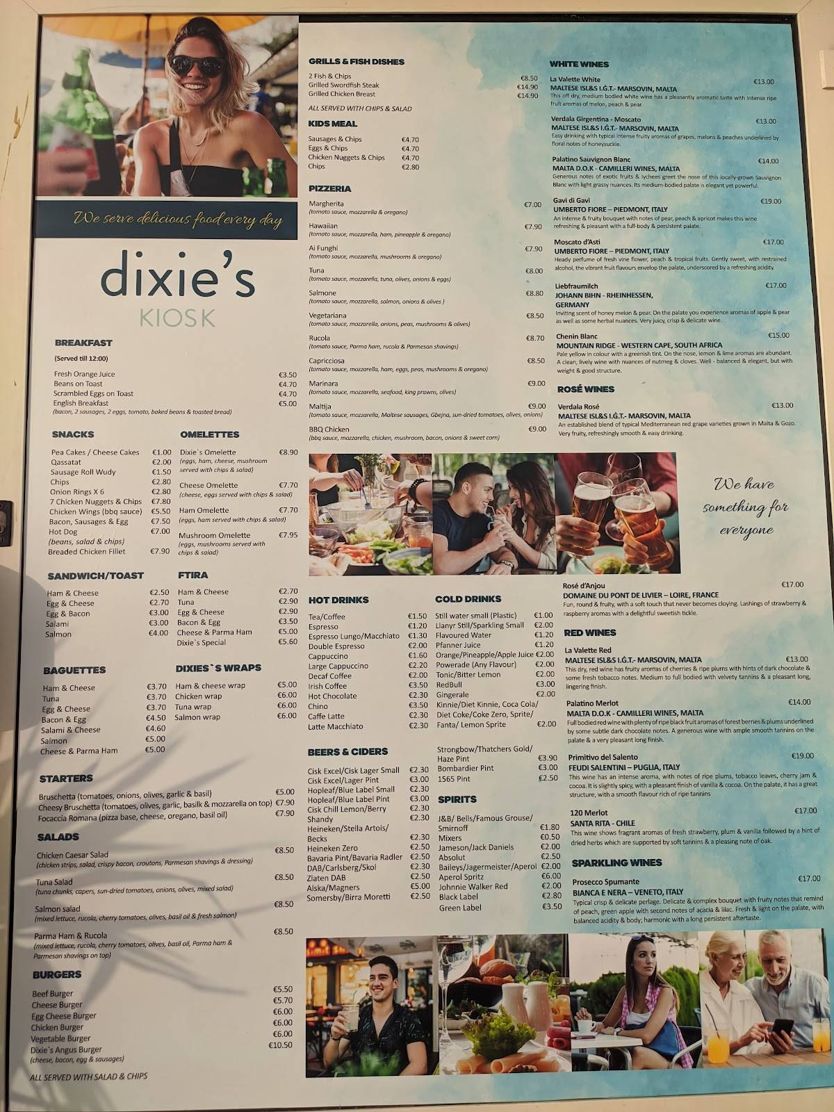 Menu at Dixie's Kiosk restaurant, Sliema