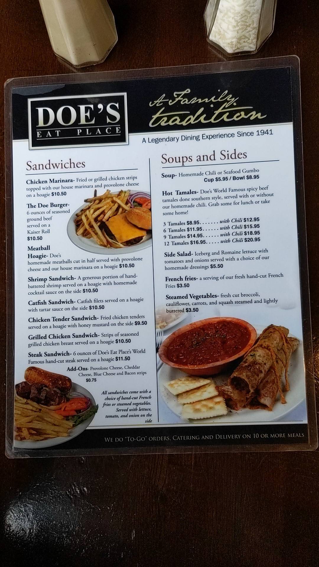 Menu at Doe's Eat Place steakhouse, Paducah