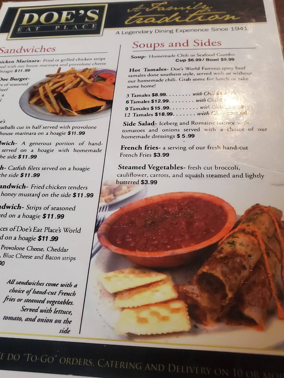 Menu at Doe's Eat Place steakhouse, Paducah