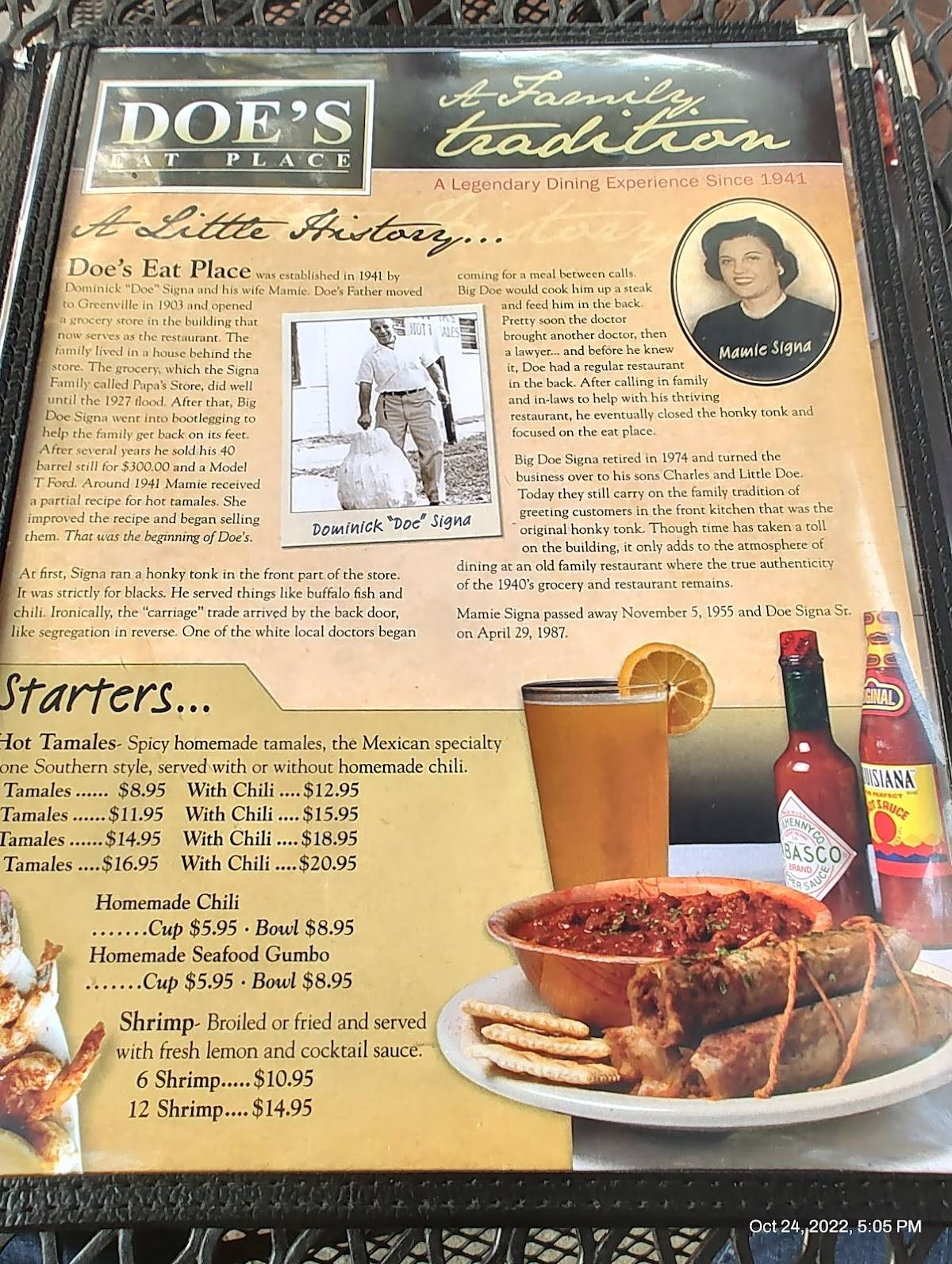 Menu at Doe's Eat Place steakhouse, Paducah