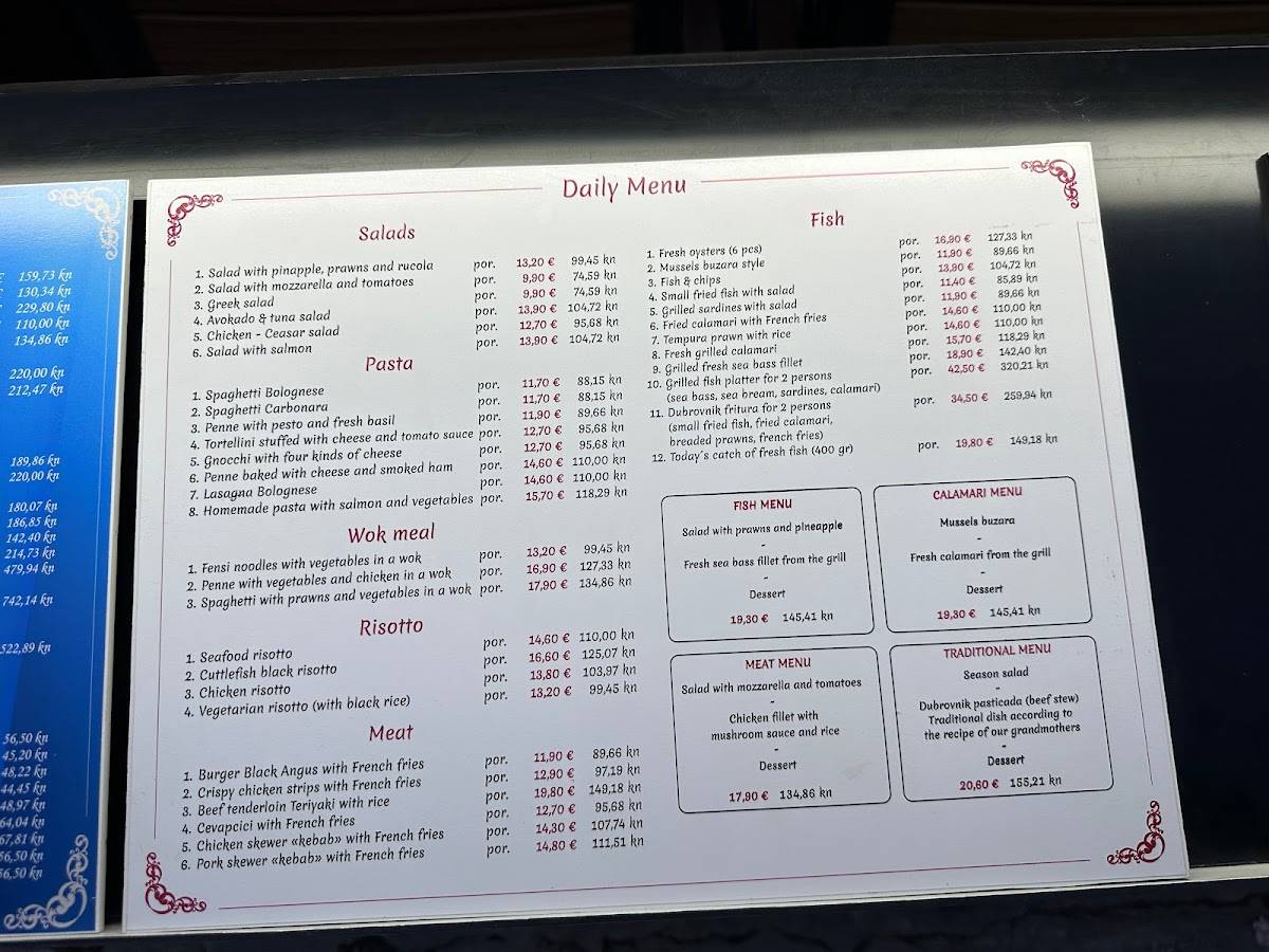Menu at Dolium restaurant, Cavtat
