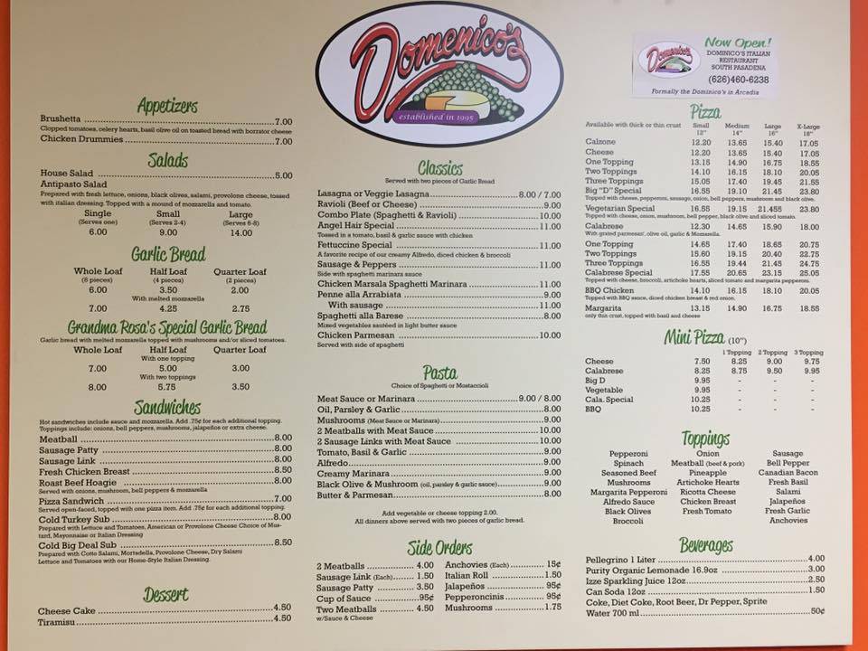 Menu at Domenico's Italian Restaurant, Arcadia