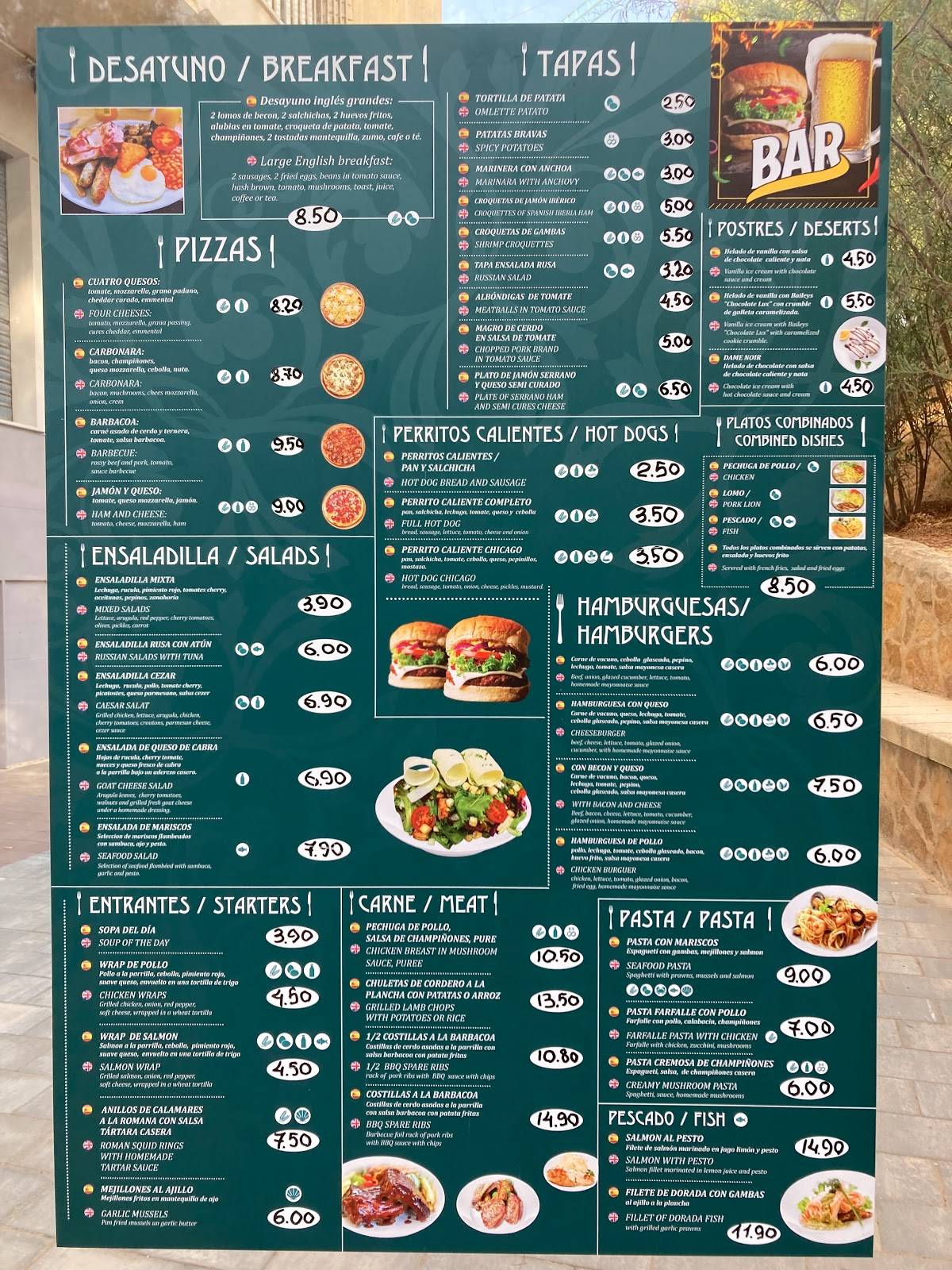 Menu at Don Buñuelo restaurant, Guardamar del Segura