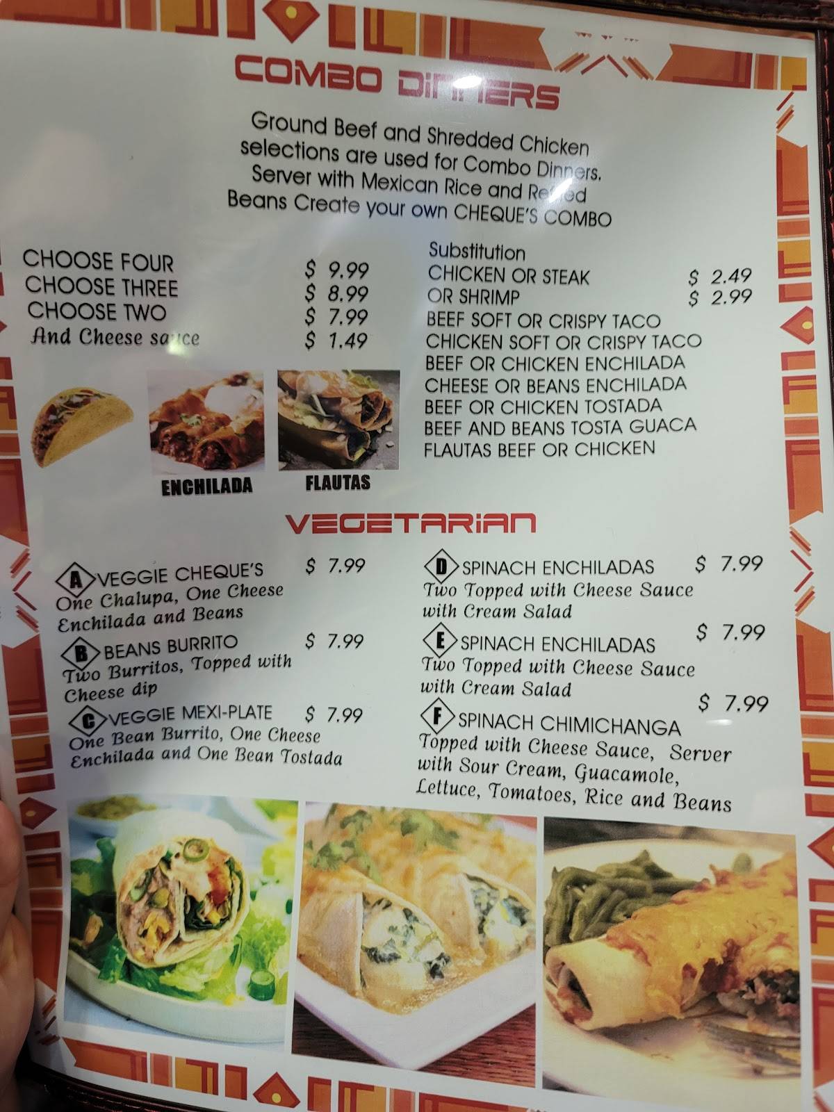Menu at Don Cheques Taqueria restaurant, Meridian