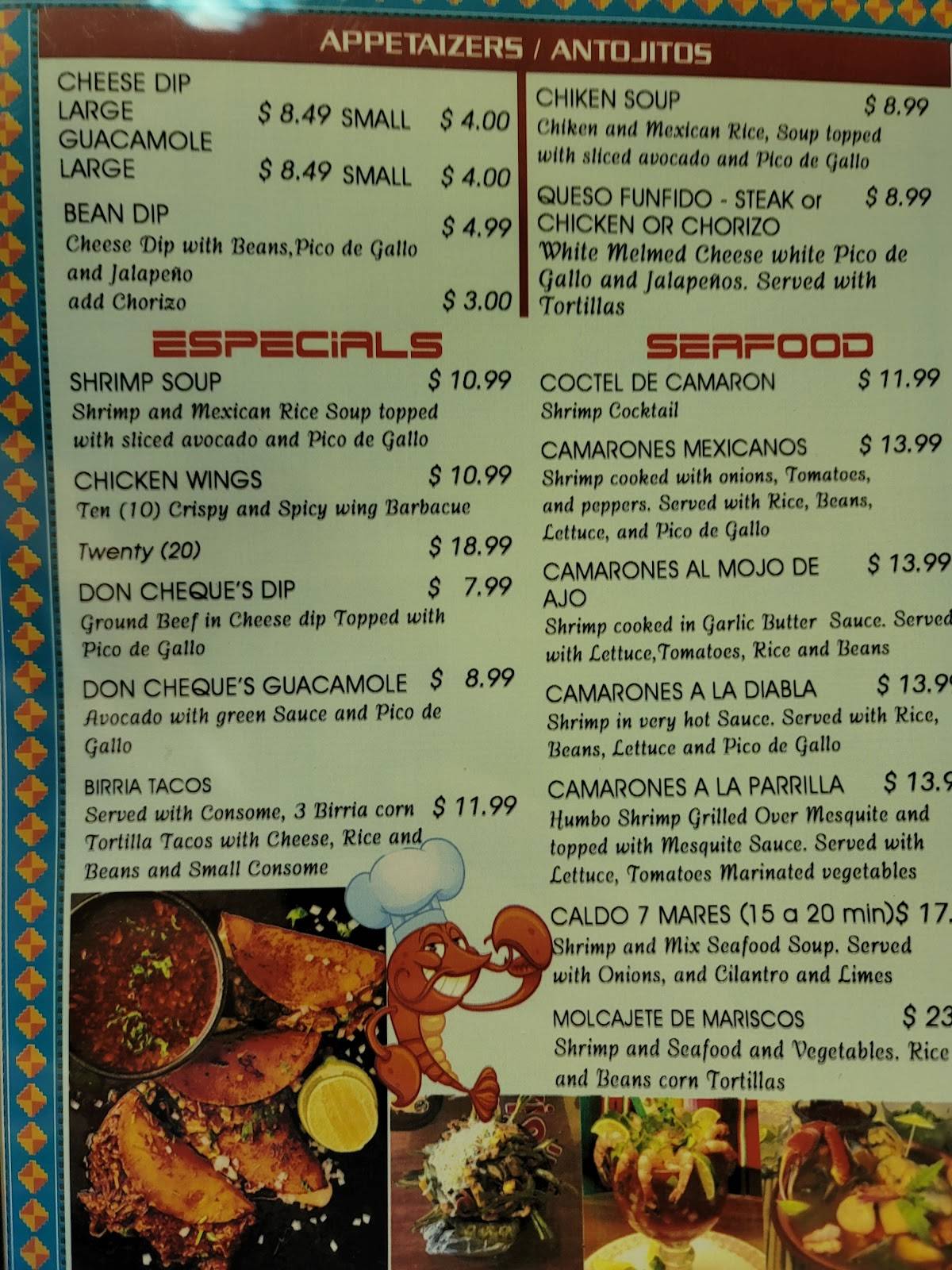 Menu at Don Cheques Taqueria restaurant, Meridian