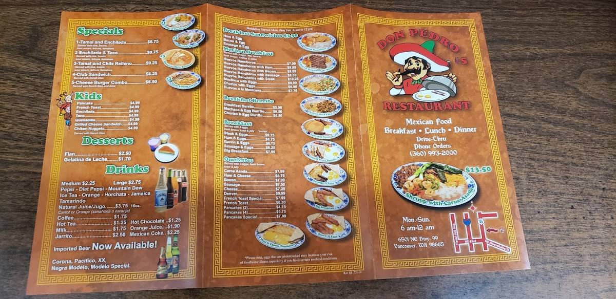 Menu at Don Pedro #5 Vancouver restaurant, Vancouver, NE Hwy 99