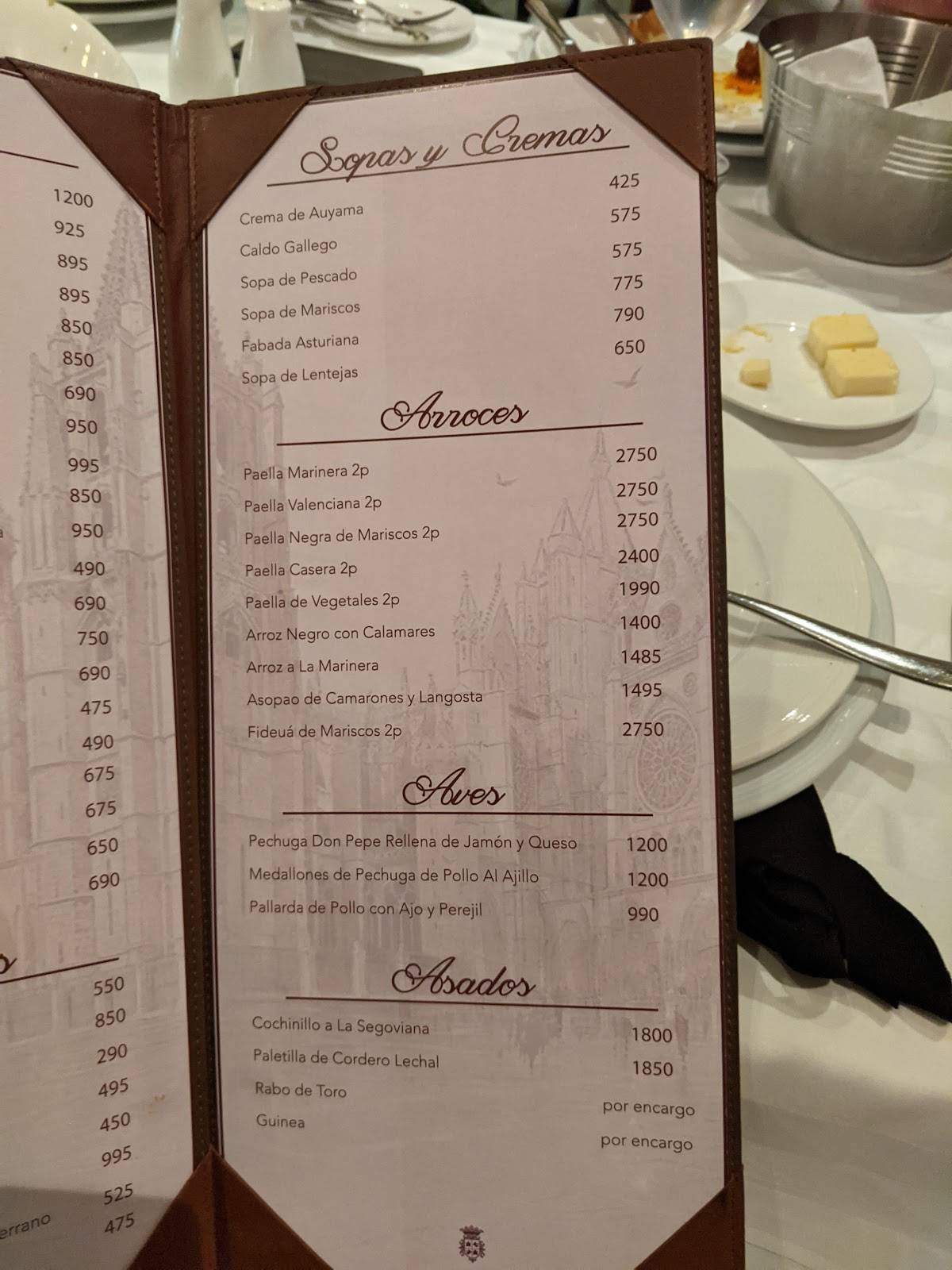 Carta de Restaurante Don Pepe, Santo Domingo