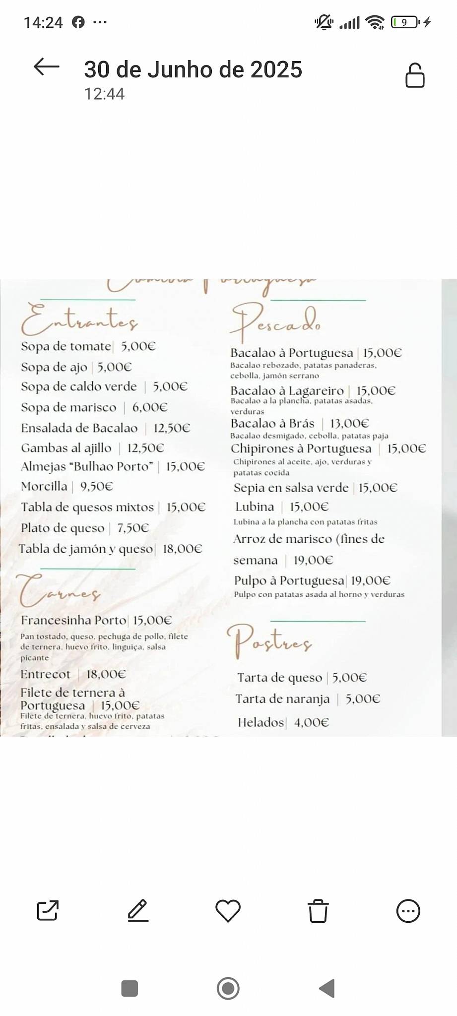 Carta del restaurante Don Sancho, Logroño