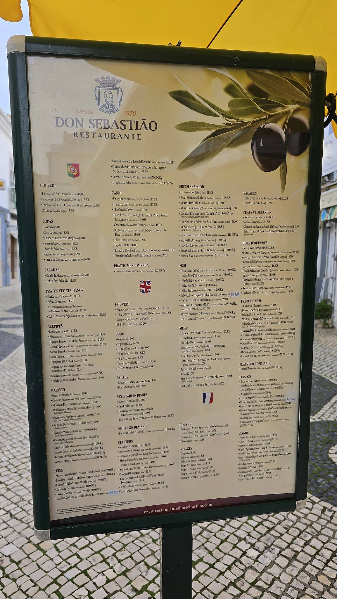 Menu at Don Sebastião restaurant, Lagos