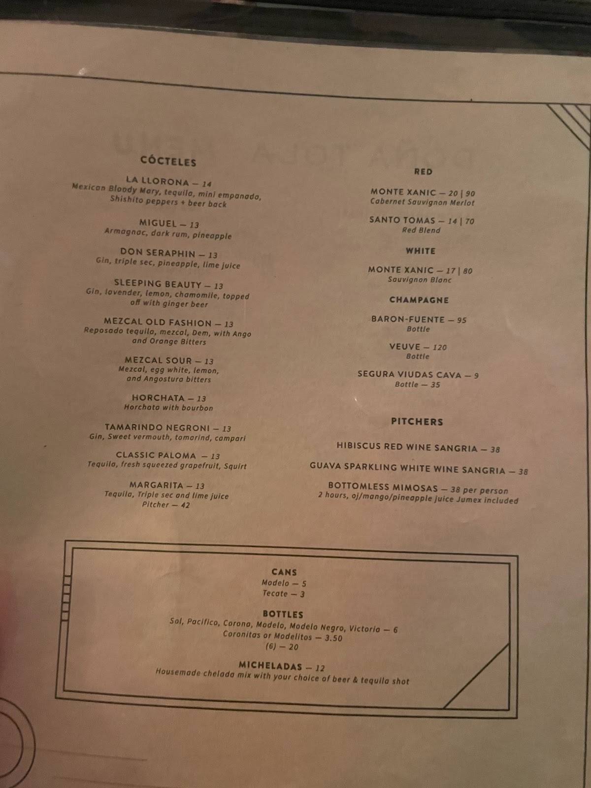Menu at Doña Tola restaurant, Chicago