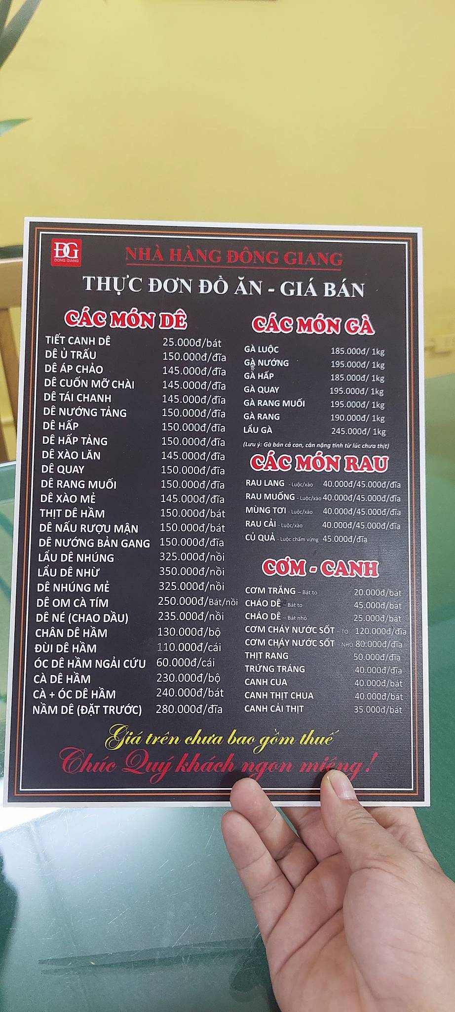 Menu at Dong Giang Restaurant 5, Hanoi
