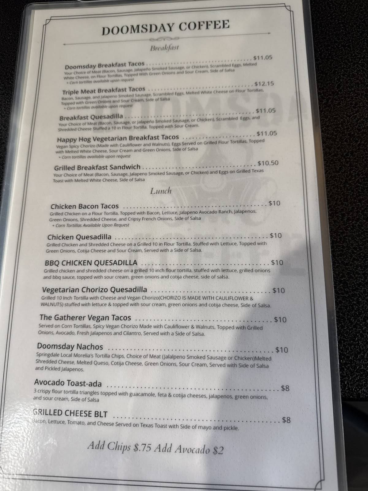 Menu at Doomsday Coffee and Roasterie restaurant, Siloam Springs