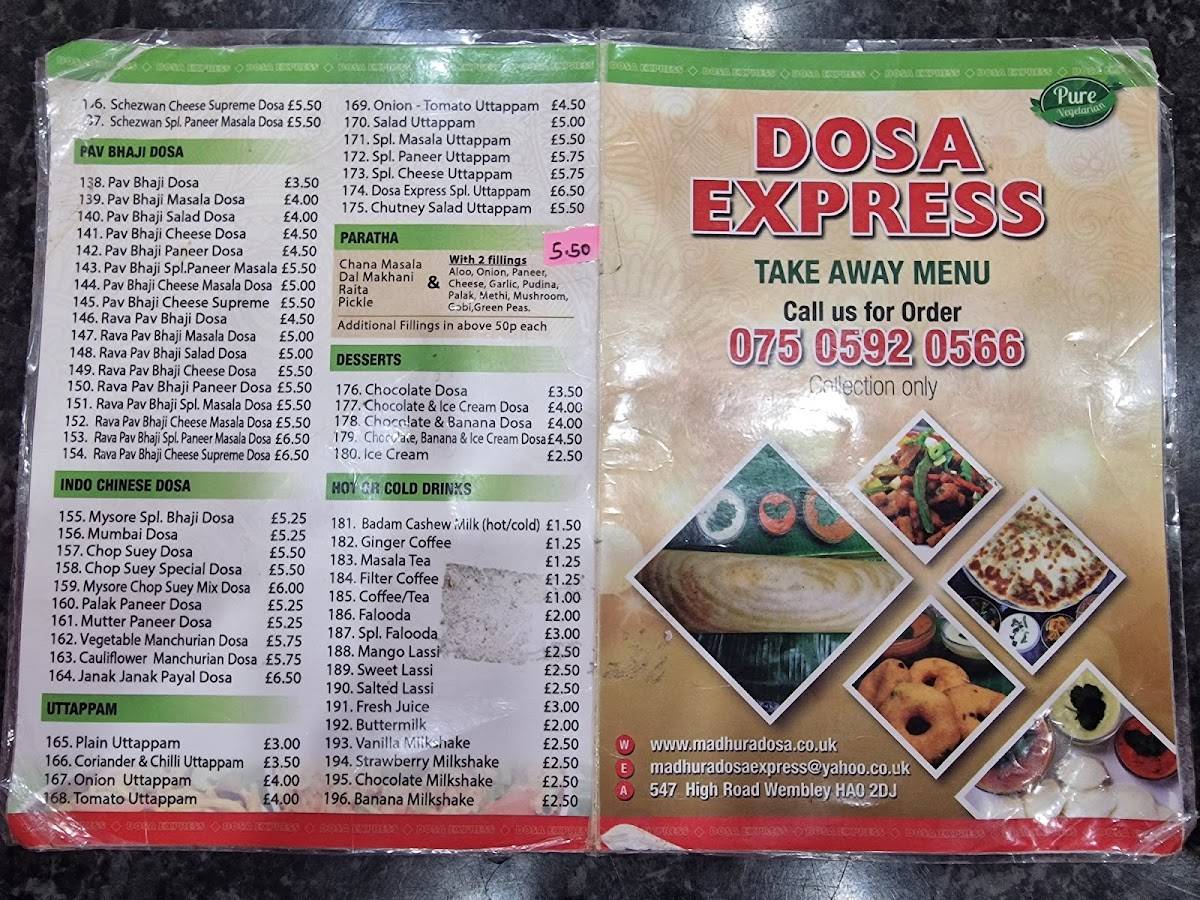 Menu at Dosa Express restaurant, Wembley