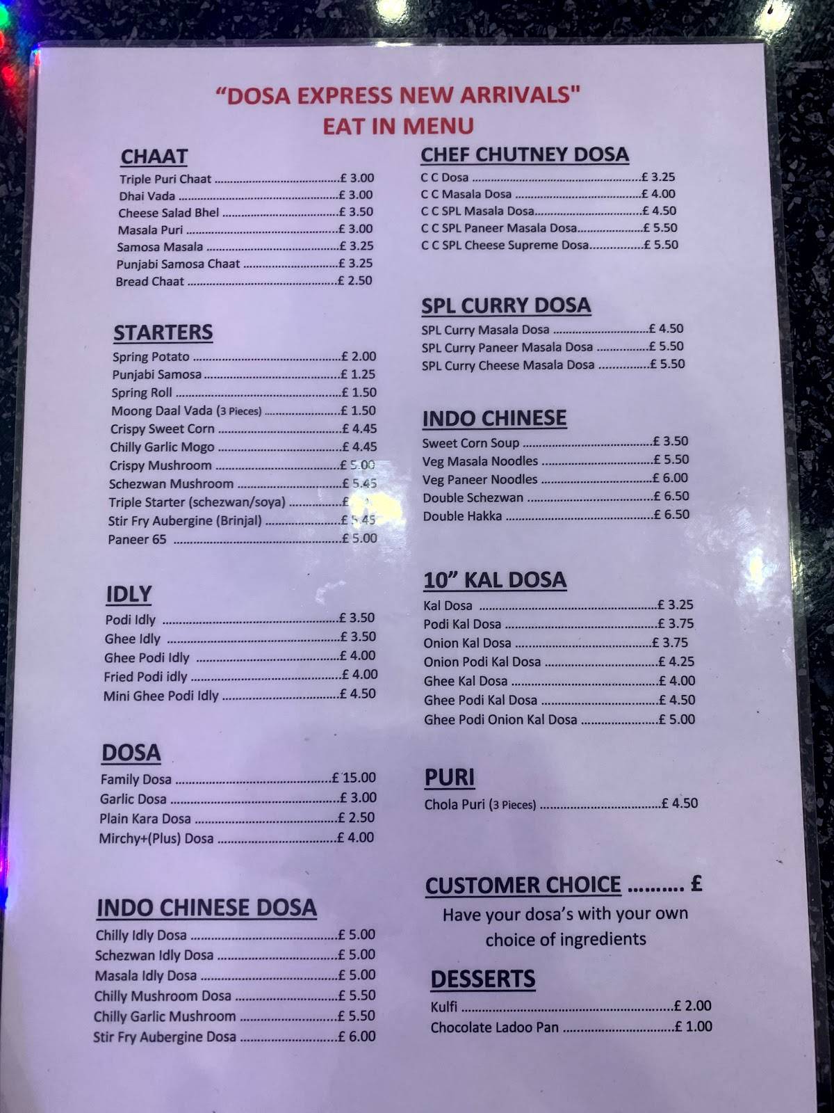 Menu at Dosa Express restaurant, Wembley