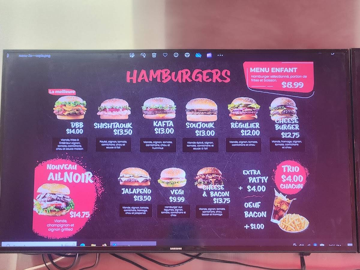 Menu au Double B Burger pizzeria, Blainville