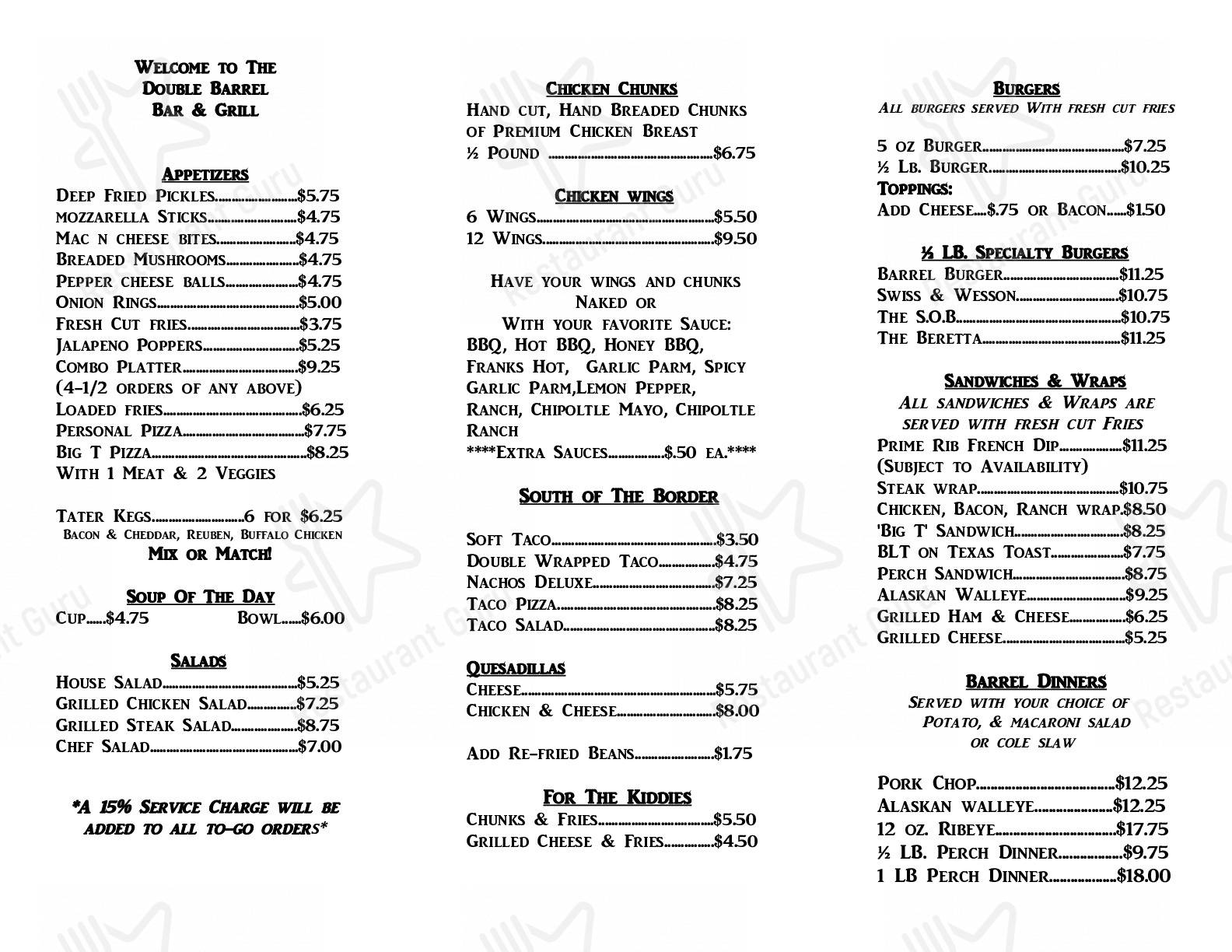 Menu at Double Barrel Bar And Grill, Tiffin
