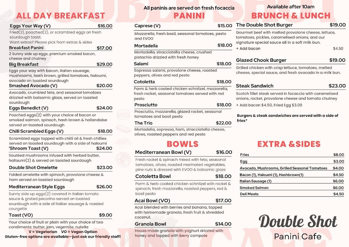 Menu at Double Shot New Farm restaurant, New Farm, 2/125 Oxlade Dr