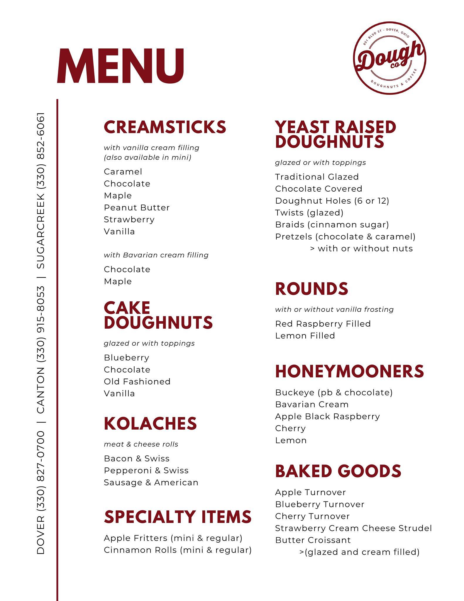 Menu at Dough Co. Doughnuts & Coffee cafe, Dover