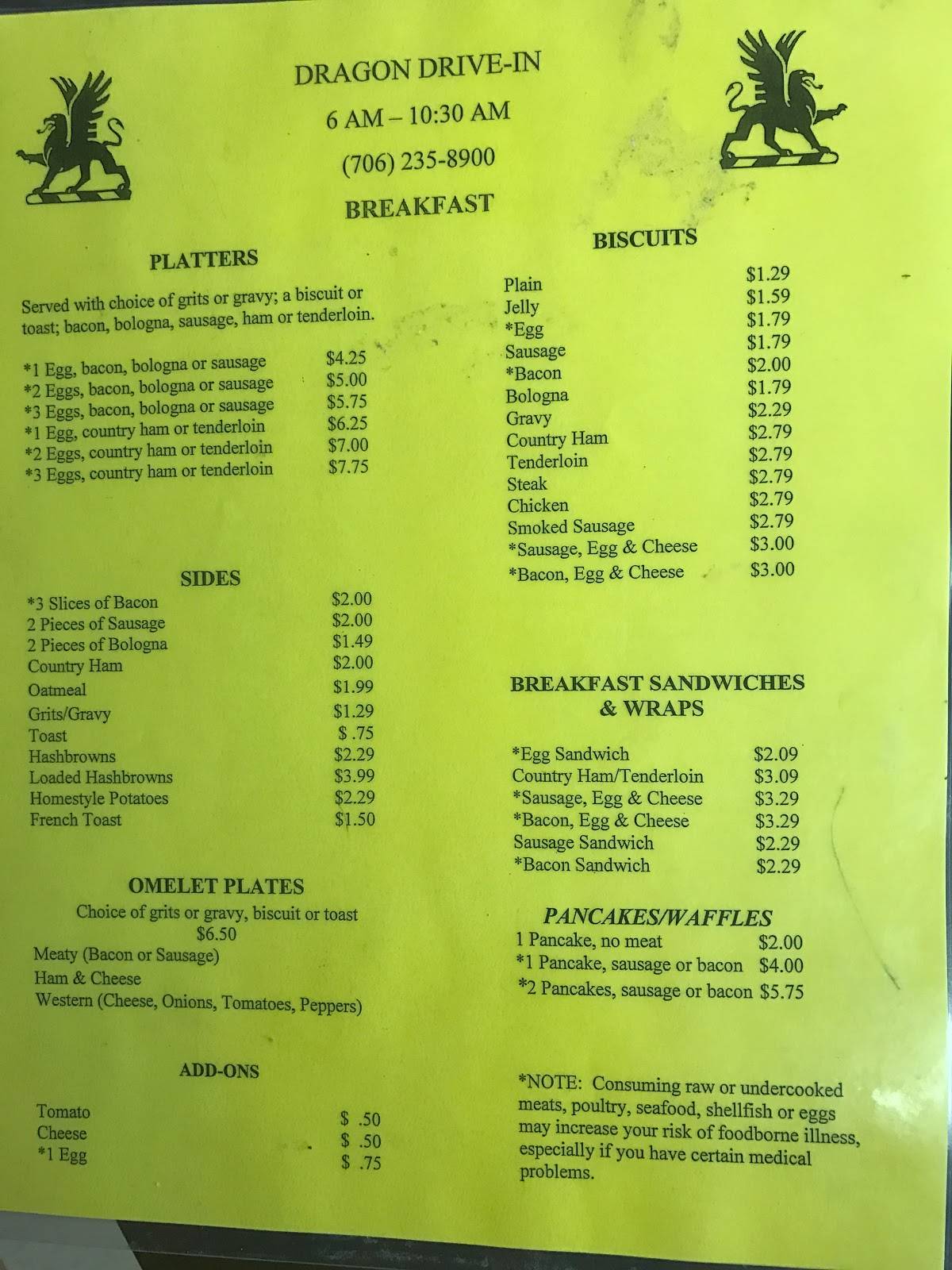 Menu at Dragon Drive-In restaurant, Lindale