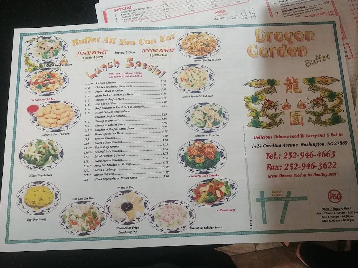 Menu at Dragon Garden Buffet restaurant, Washington, 1424 Carolina Ave