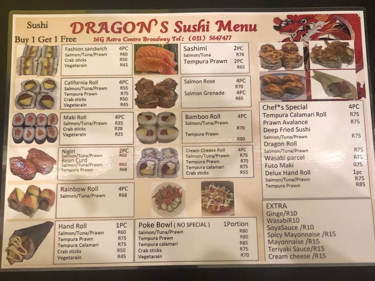 Menu at Dragon's Chinese Food restaurant, Durban
