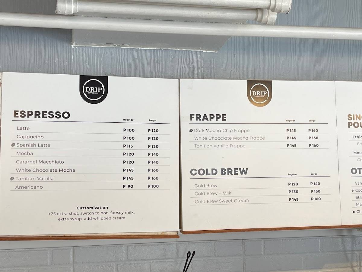Carta del café Drip Coffee Shop, Makati