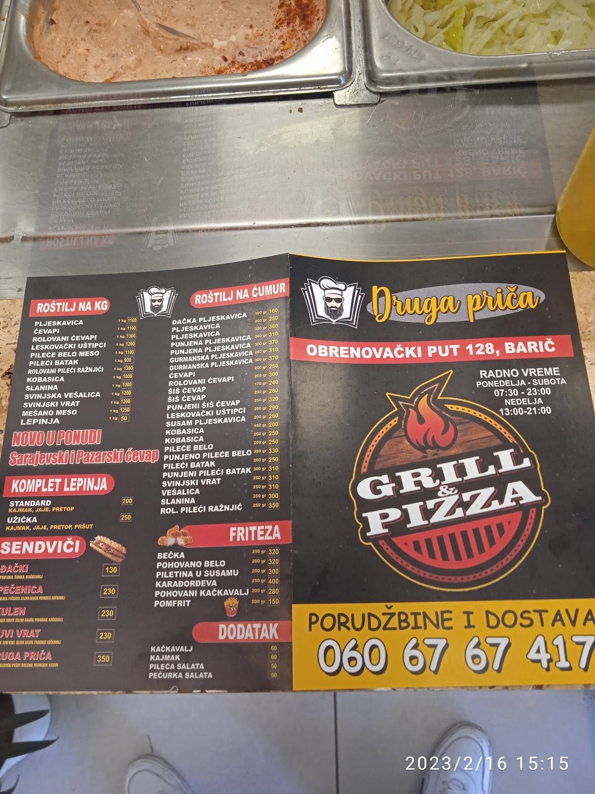 Menu at Druga Prica restaurant, Barič