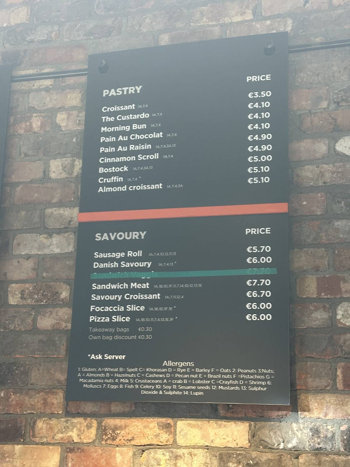 Menu at Bread 41 cafe, Dublin