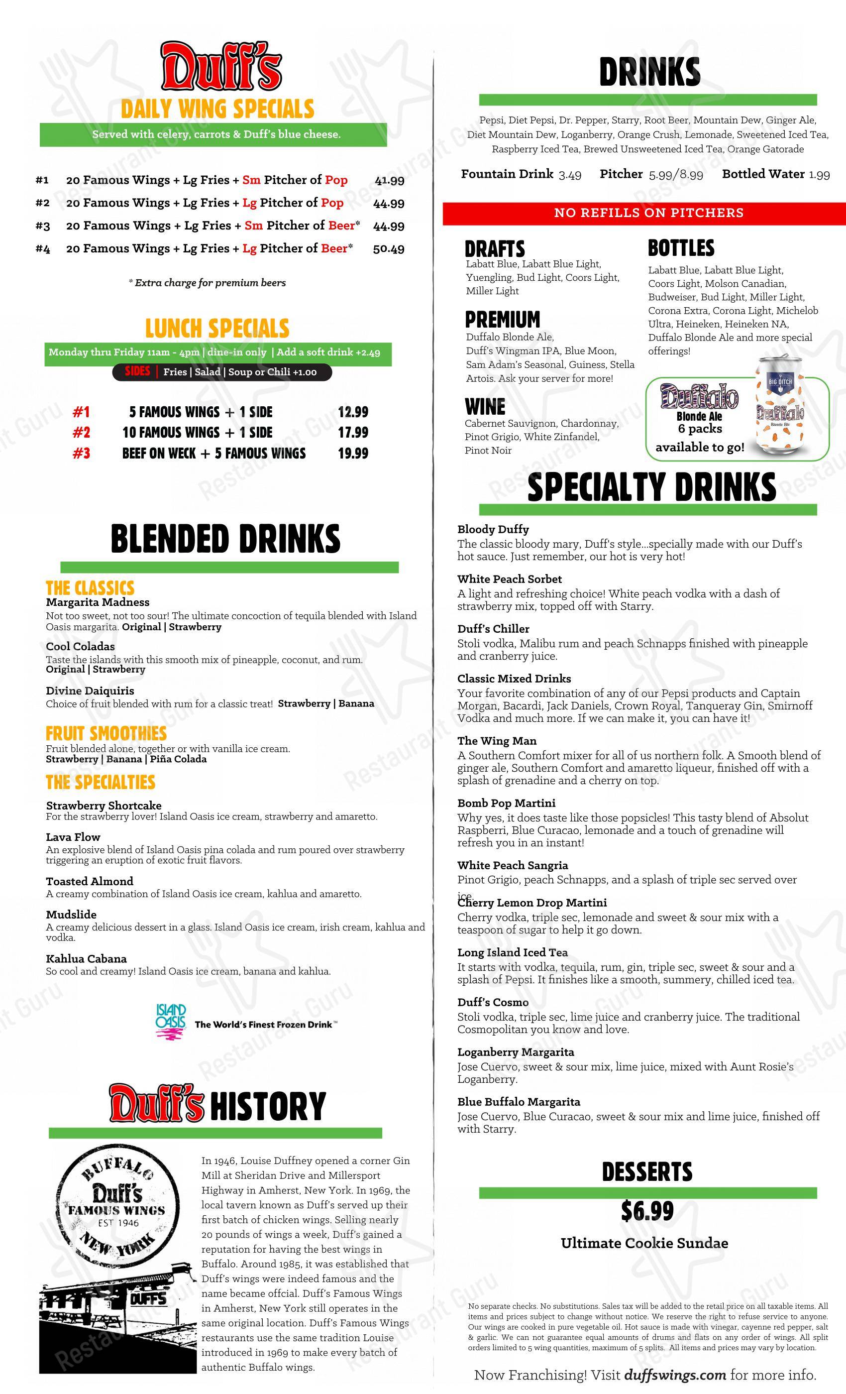 Menu at Duff's Famous Wings restaurant, Amherst, Sheridan Dr