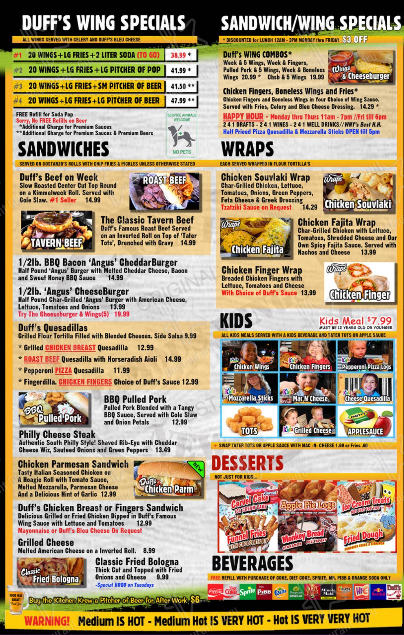 Menu at Duff's Famous Wings restaurant, Amherst, Sheridan Dr