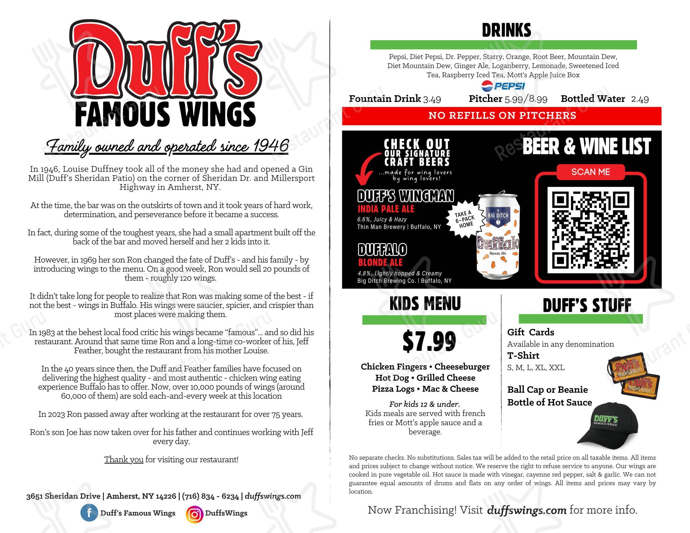 Menu at Duff's Famous Wings restaurant, Amherst, Sheridan Dr