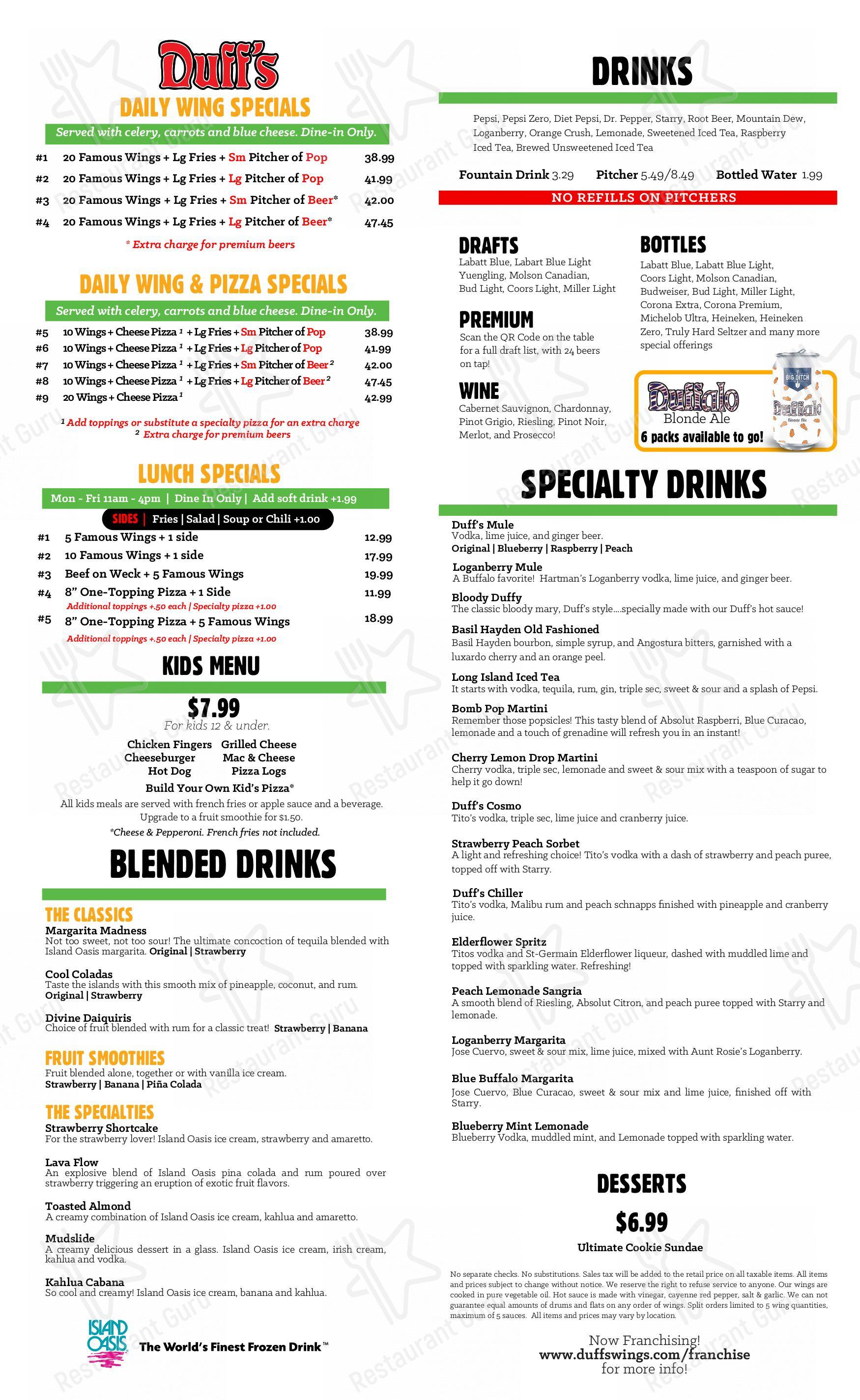 Menu at Duff's Famous Wings restaurant, Amherst, Sheridan Dr