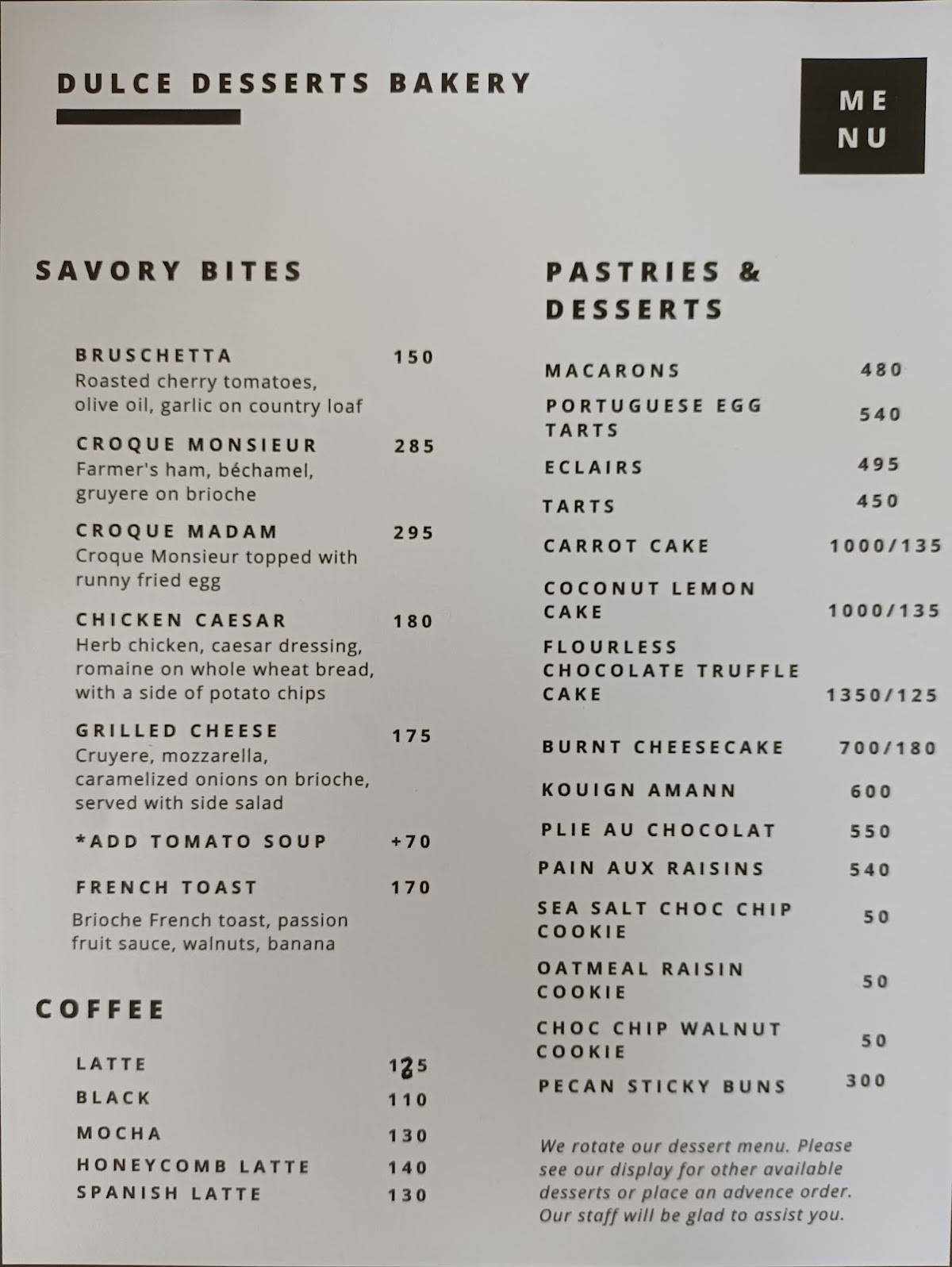 Carta de Dulce Desserts Bakery, Dávao
