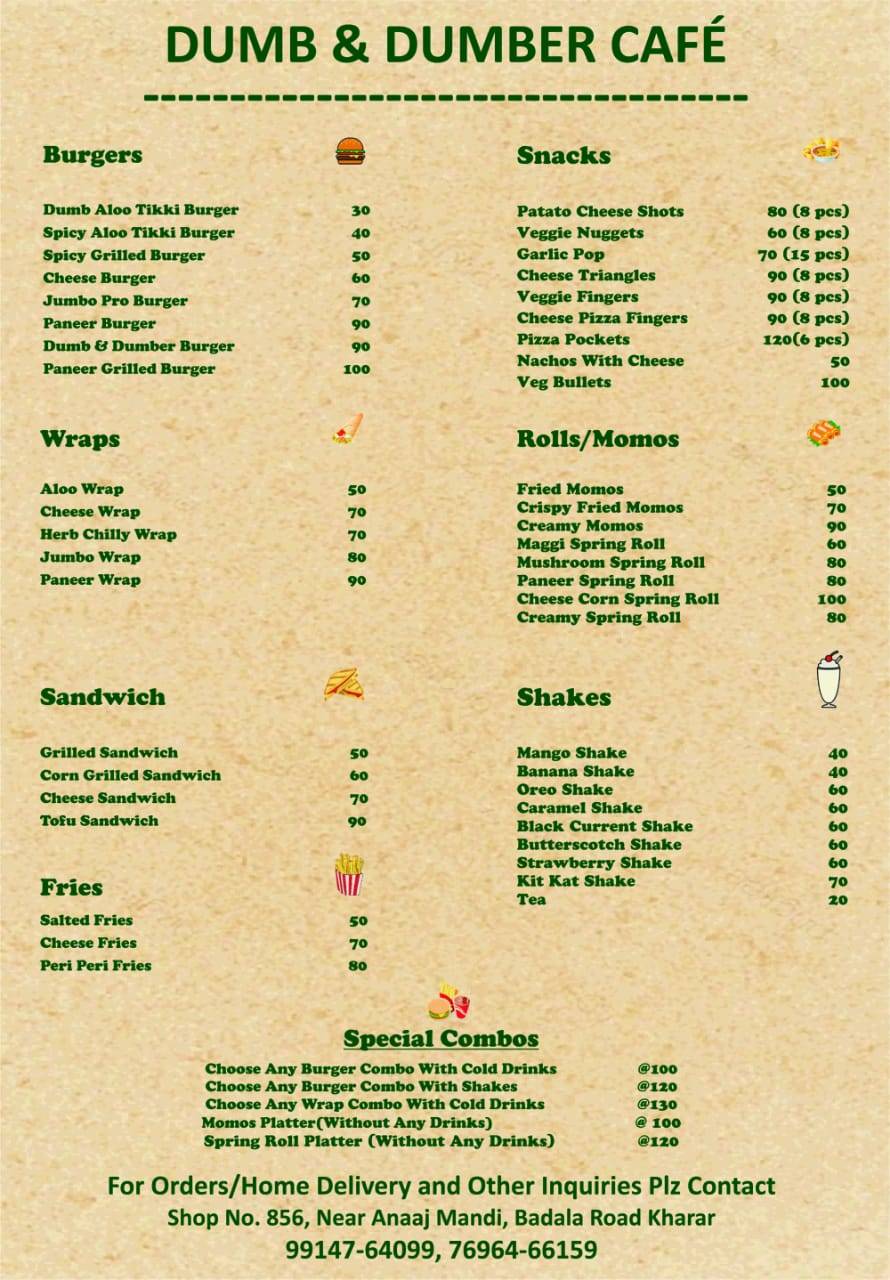 Menu at Dumb And Dumber Cafe, Kharar