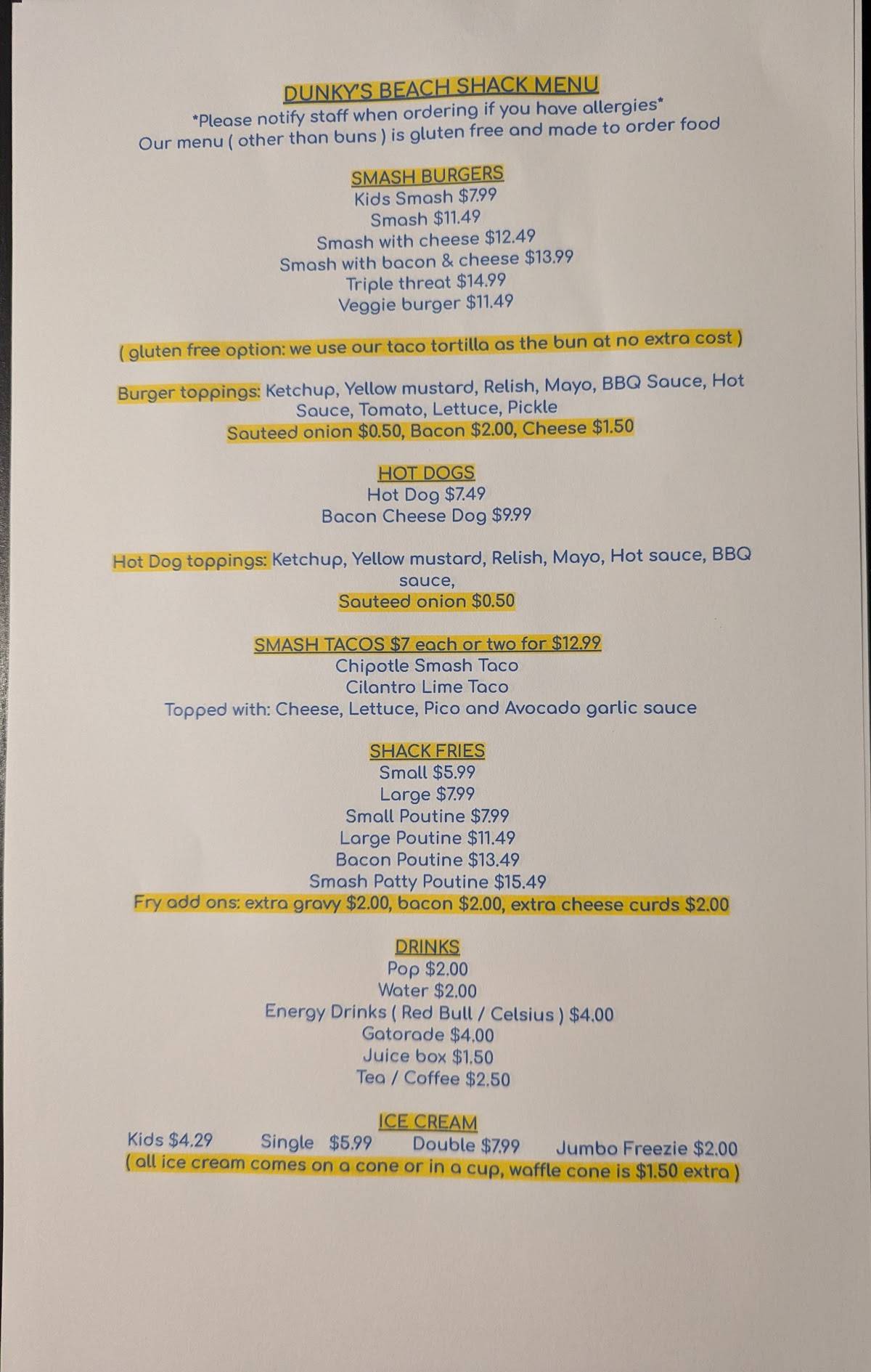 Menu at Dunky's Beach Shack restaurant, Burlington