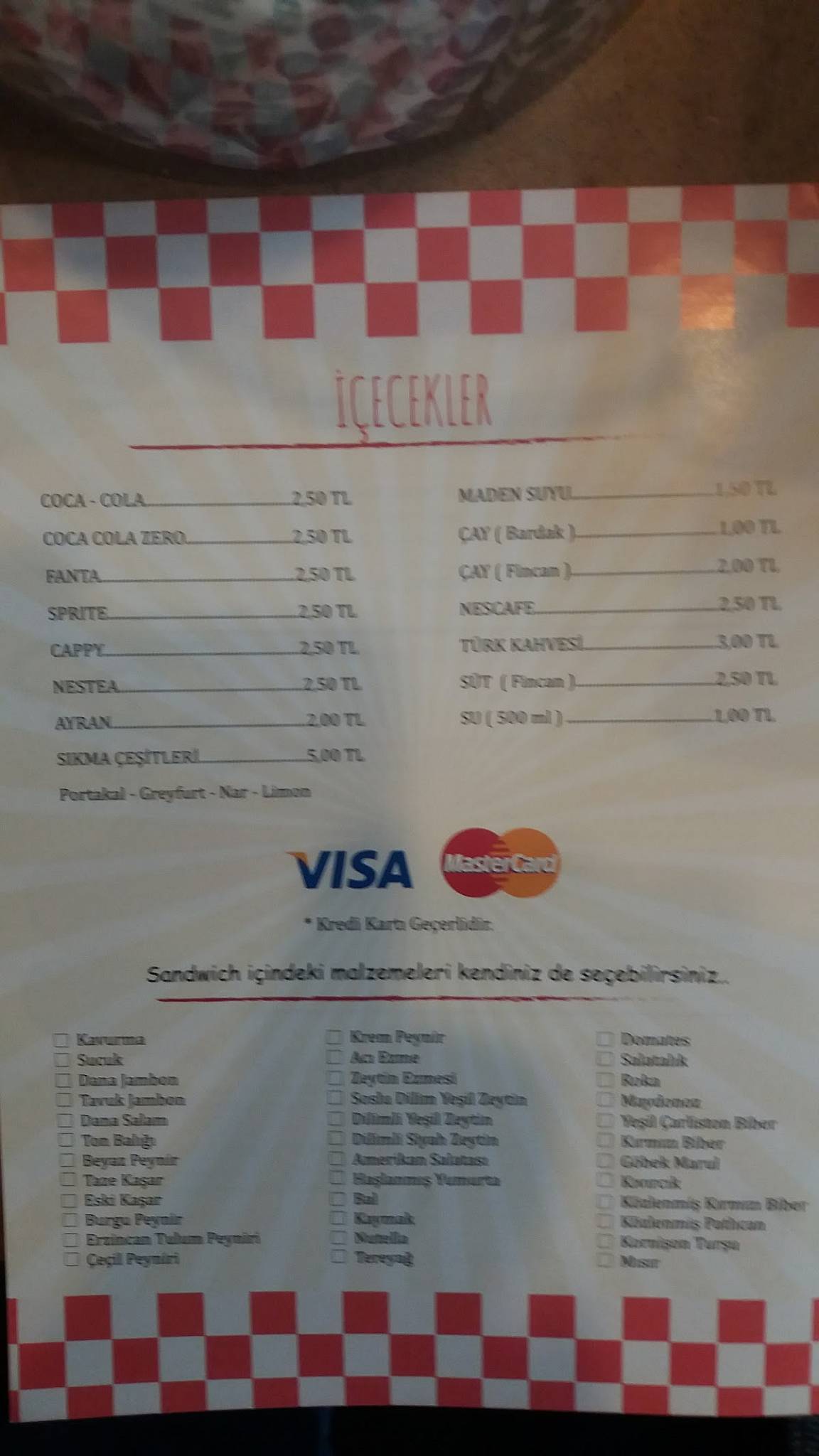 Menu at Dur-Al Sandwhiches, Istanbul