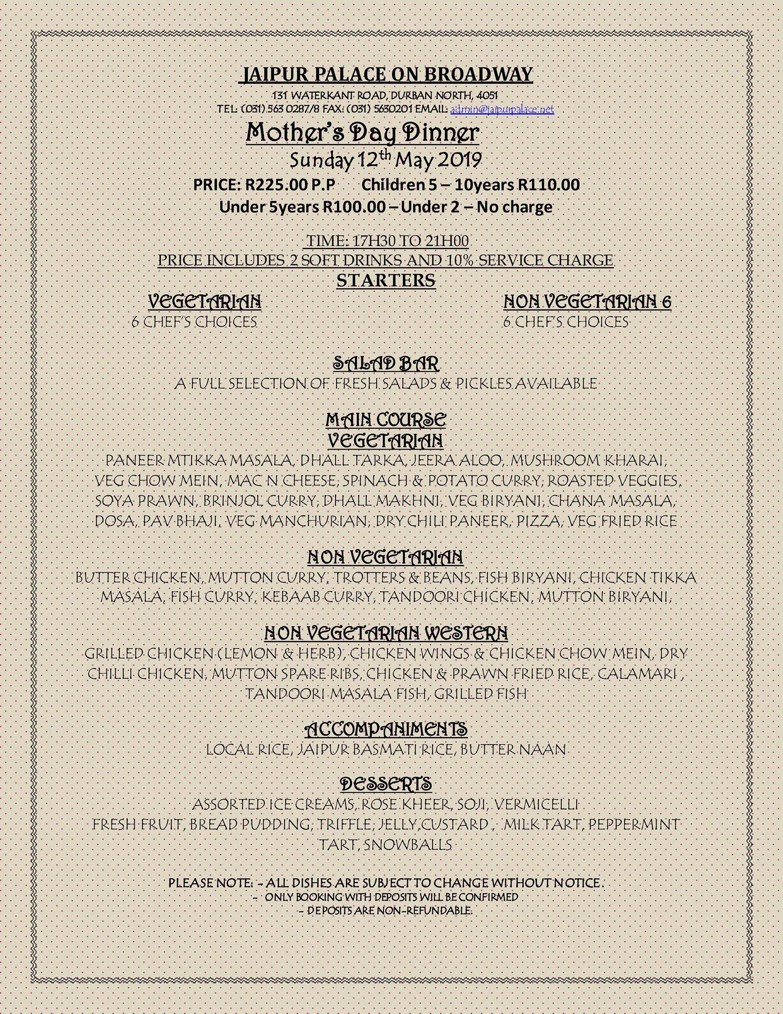 Menu at Jaipur Palace Restaurant, Durban
