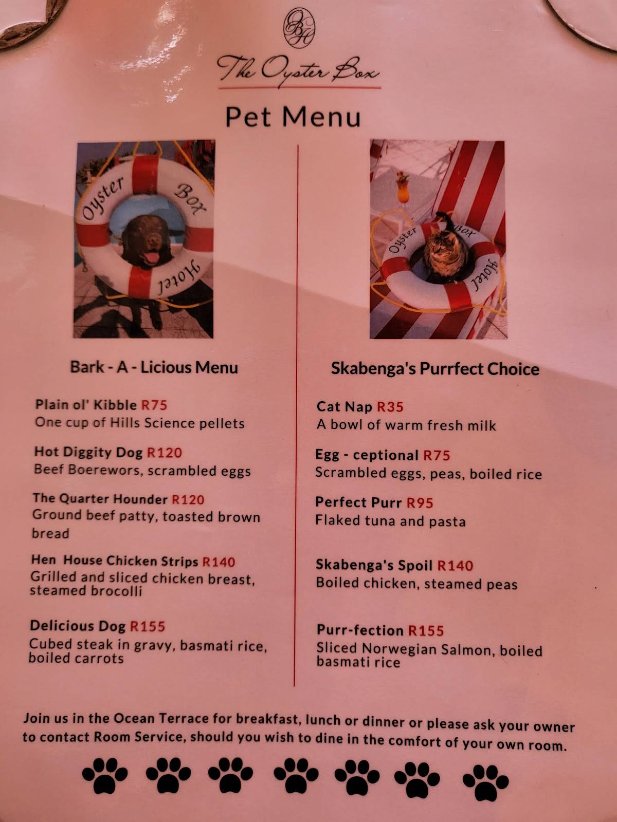 Menu at The Ocean Terrace restaurant, Umhlanga