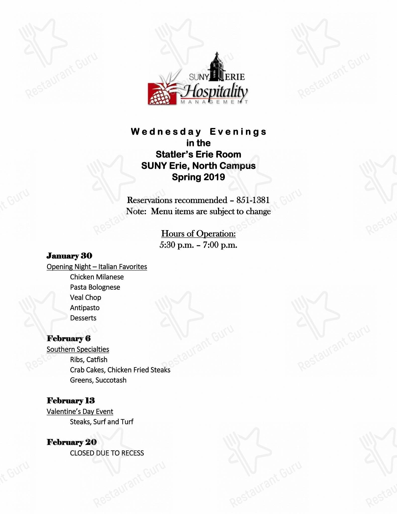 Menu at EM Statler Dining Room restaurant, Buffalo