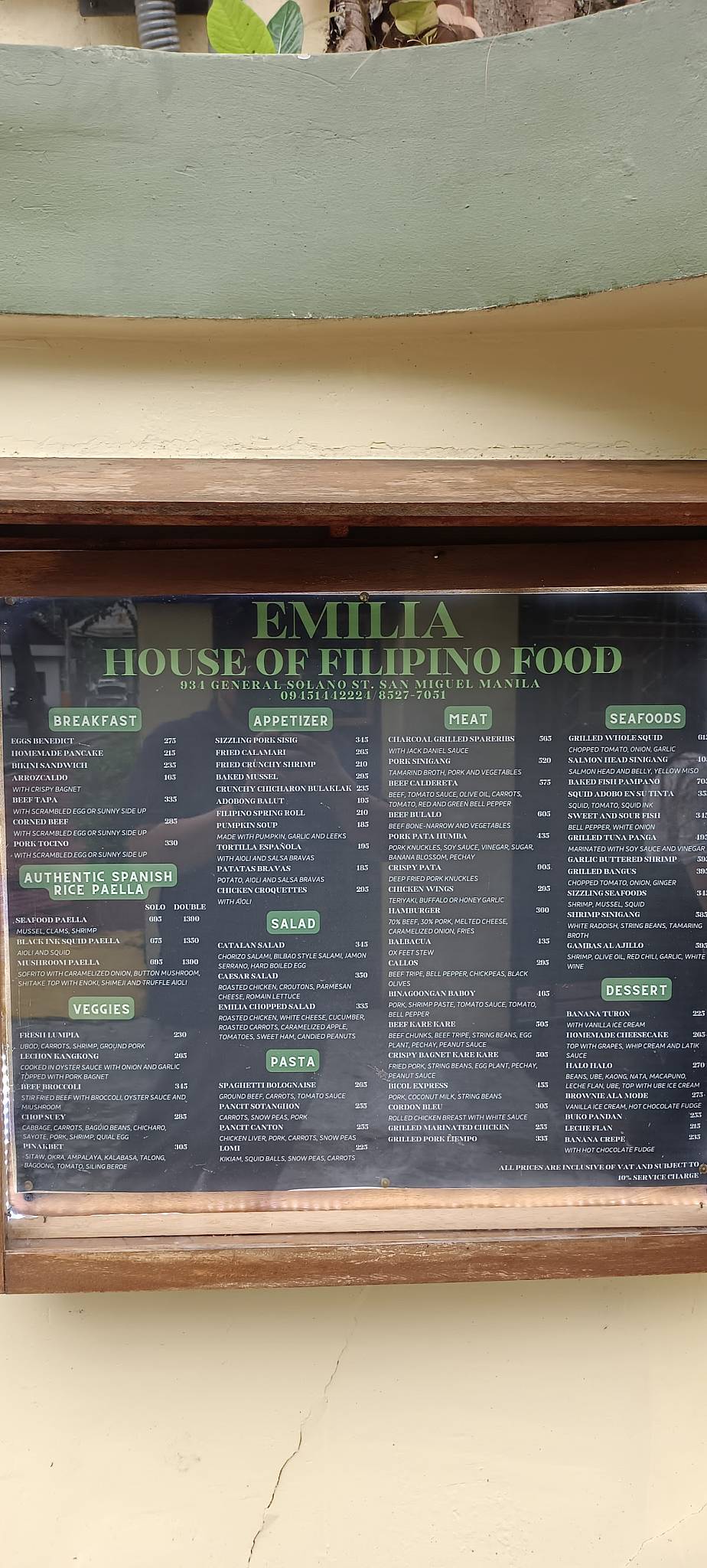 Menu at EMILIA, House of Filipino Food restaurant, Manila
