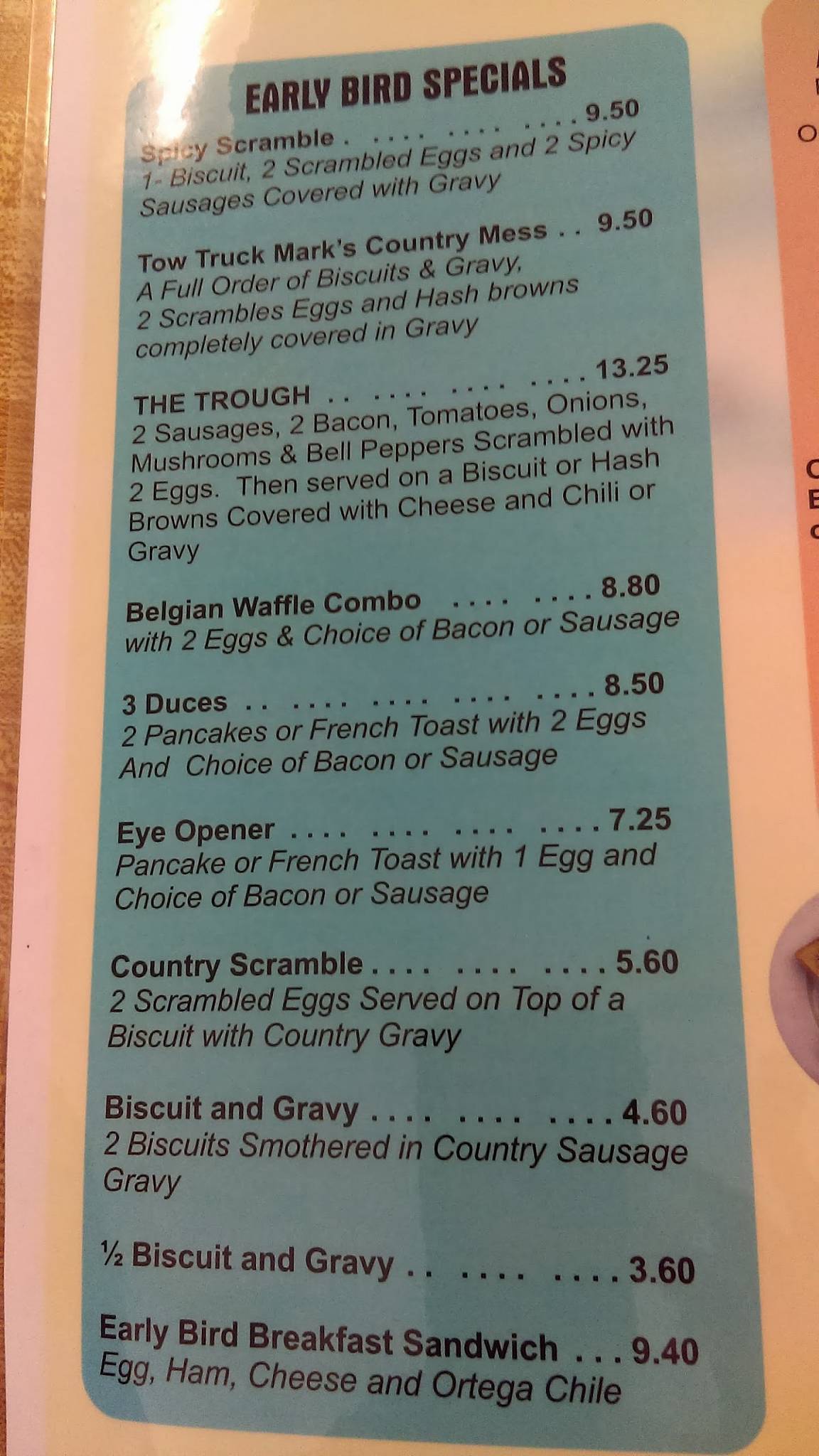 Menu at Early Bird Coffee Shop cafe, Parker
