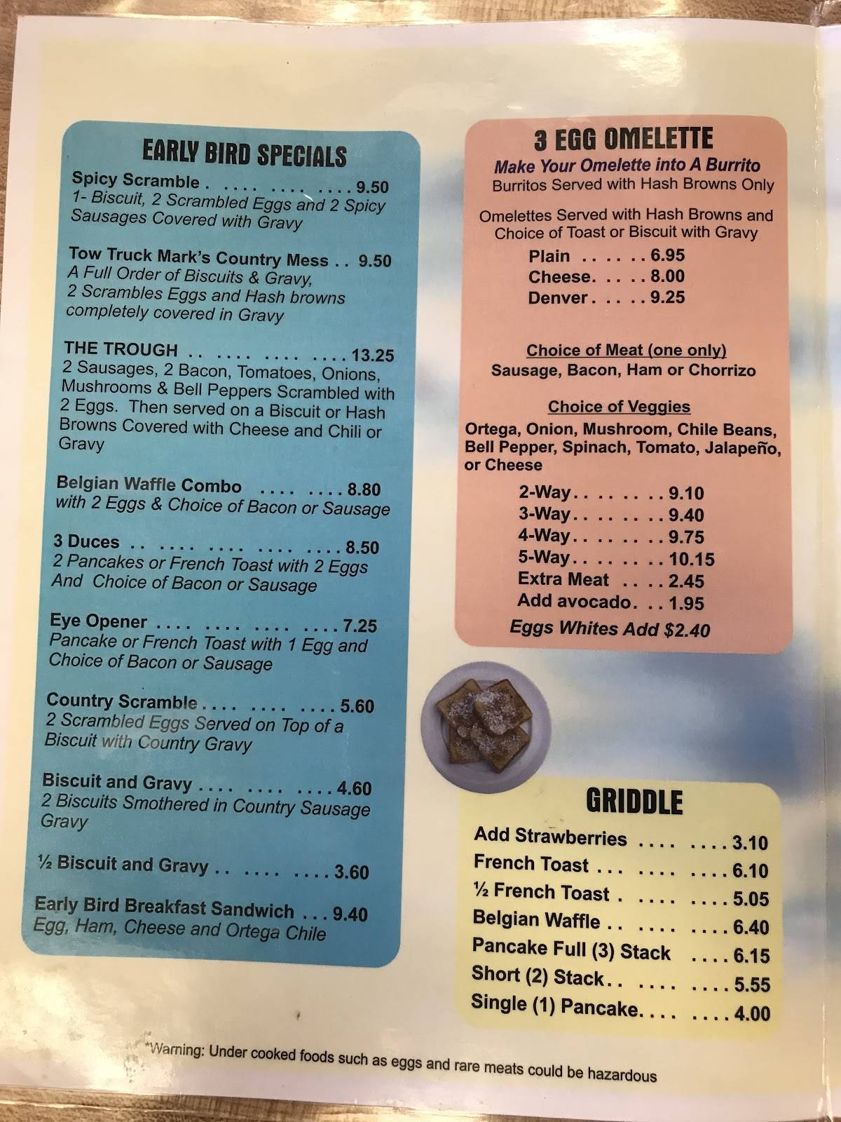 Menu at Early Bird Coffee Shop cafe, Parker
